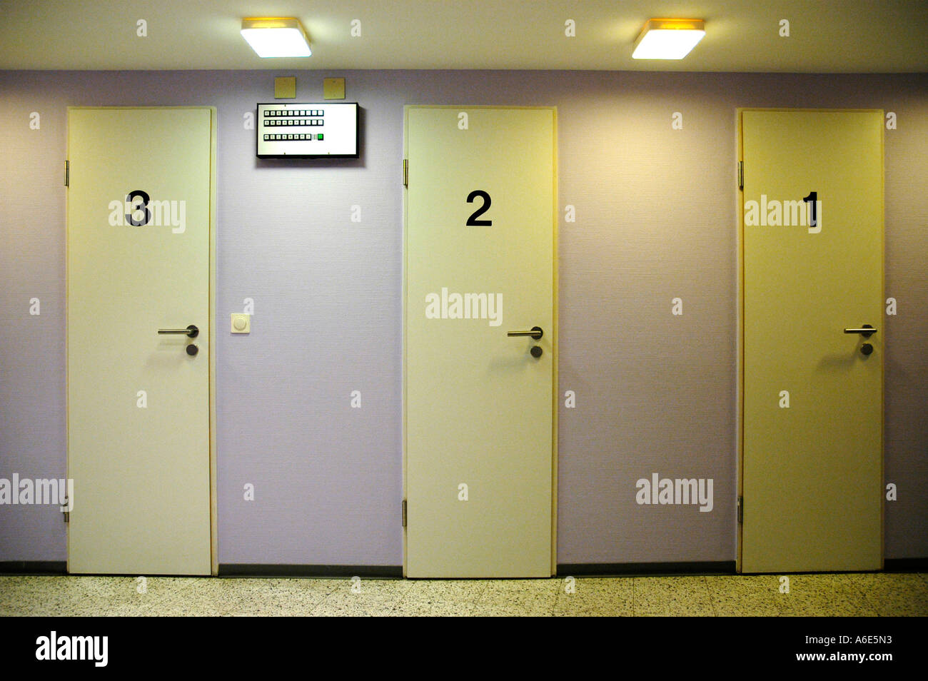 Doors of treatment rooms in the waiting room of a doctor, Dortmund, NRW ...