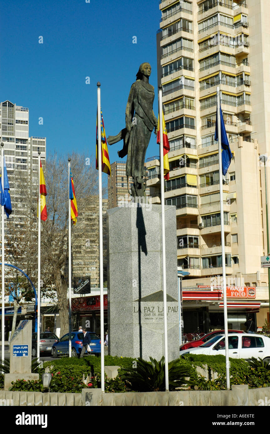 Sculpture and flags at the European square, Benidorm, Costa Blanca ...