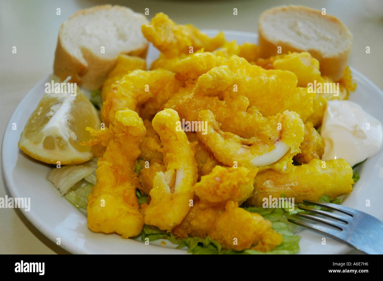 Deep-fried calamari rings, calamares, Altea, Costa Blanca, Spain Stock ...
