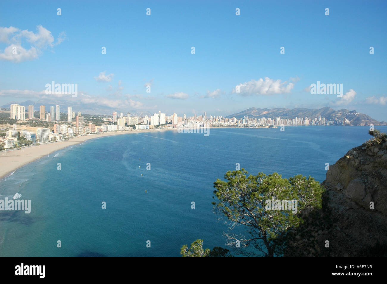 Coastal landscape with view of the bay of Benidorm, Playa de Poniente ...
