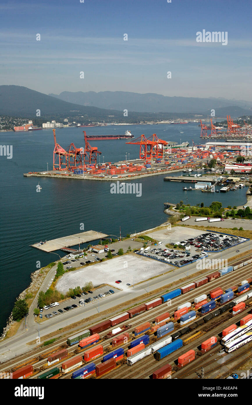 Railway goods depot and container harbour at Burrard inlet in Vancouver ...