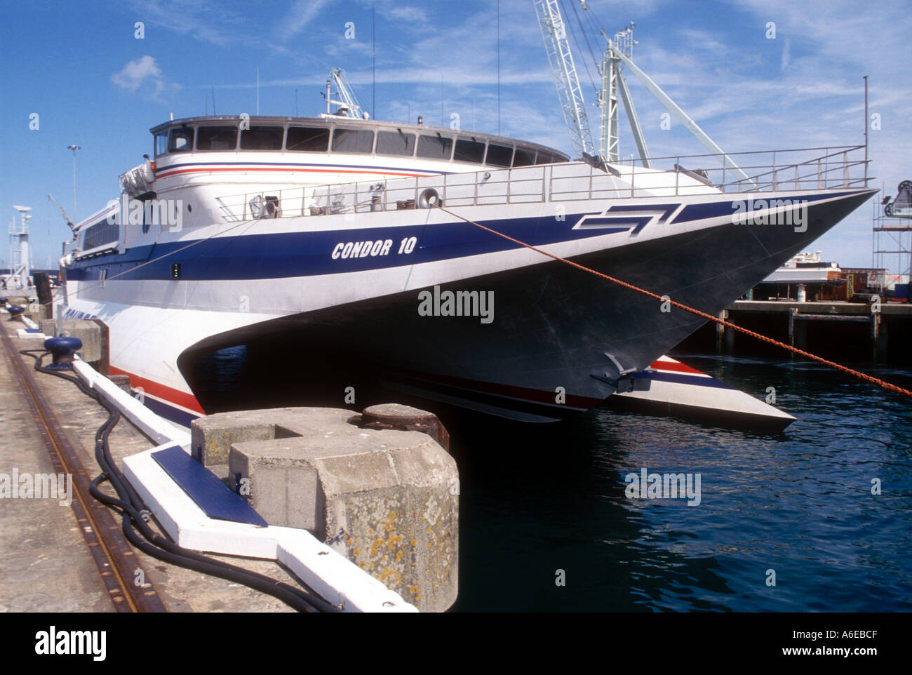 The wavepiercer catamaran ferry Condor 10 at St Peter Port Guernsey Channel Islands UK Stock ...