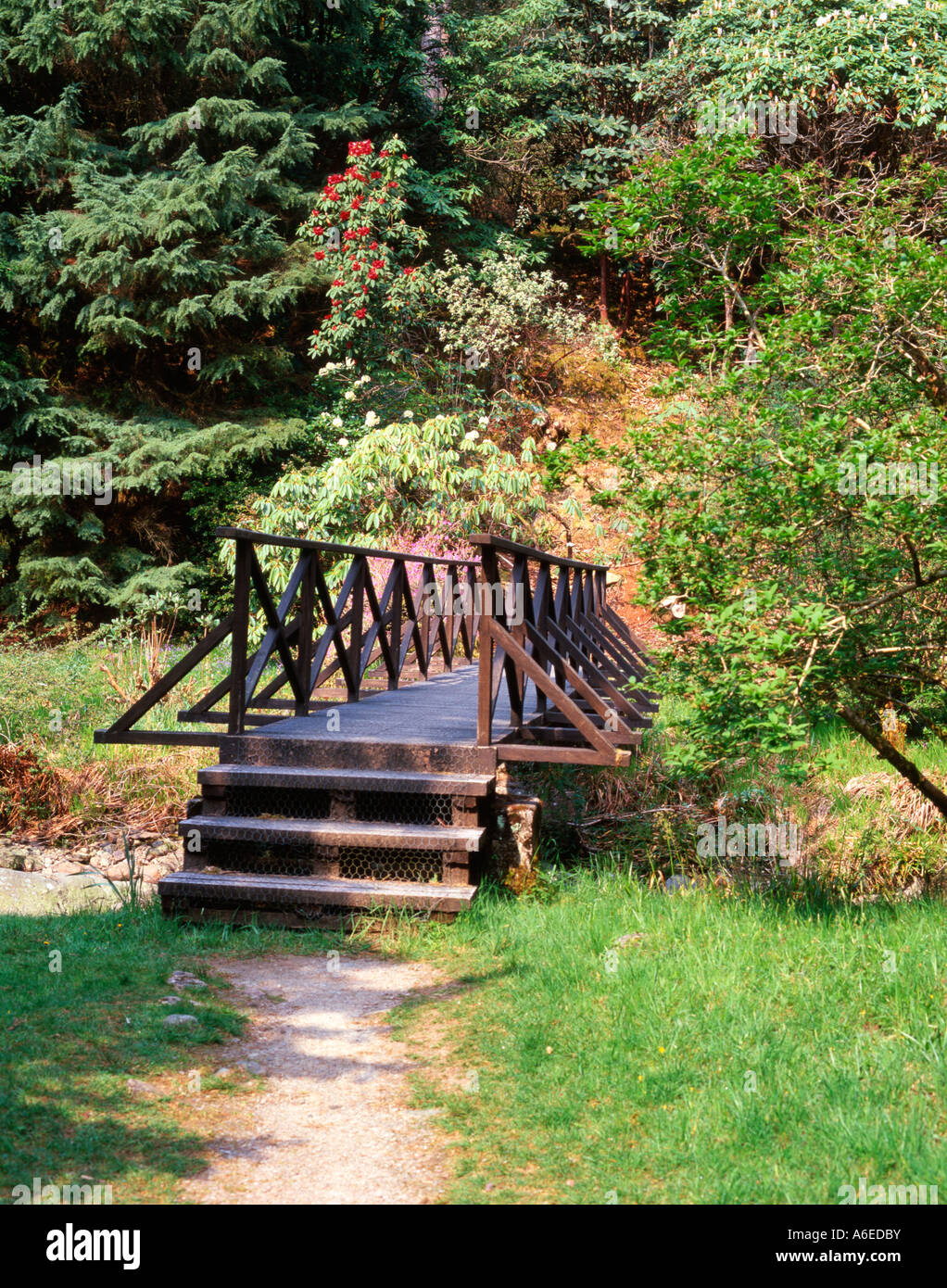 A bridge crossing the river in National Trust for Scotland garden ...