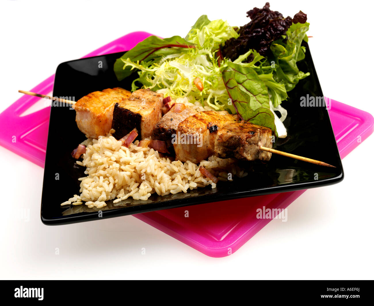 Freshly Cooked, Grilled Or BBQ Spicy Swordfish Kebabs With Rice And ...