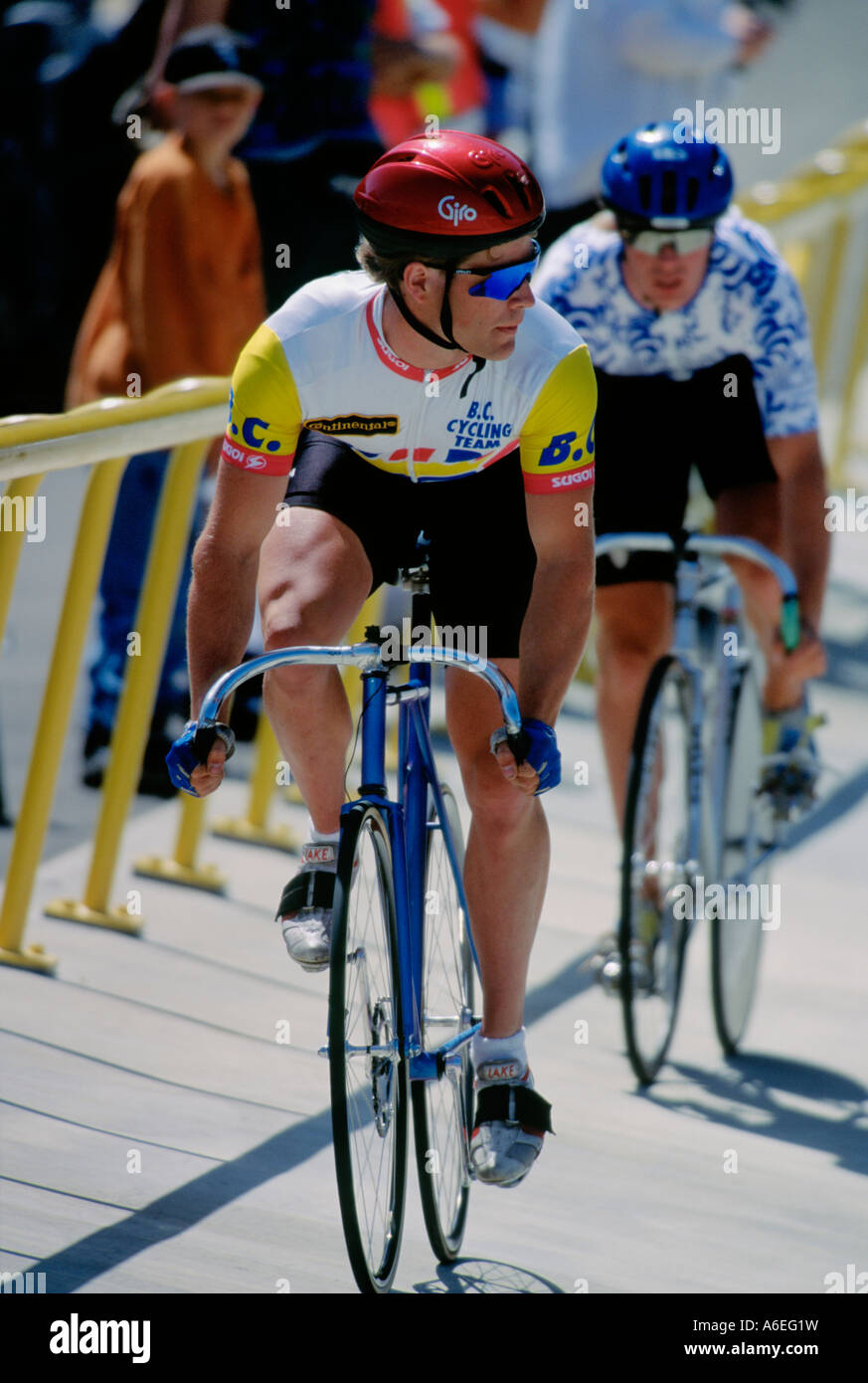 Lead male cyclist in velodrome race Victoria British Columbia Canada ...