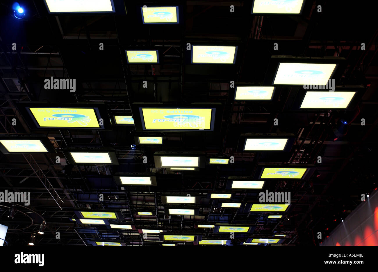 The international radio exhibition Berlin monitors at the ceiling Stock ...