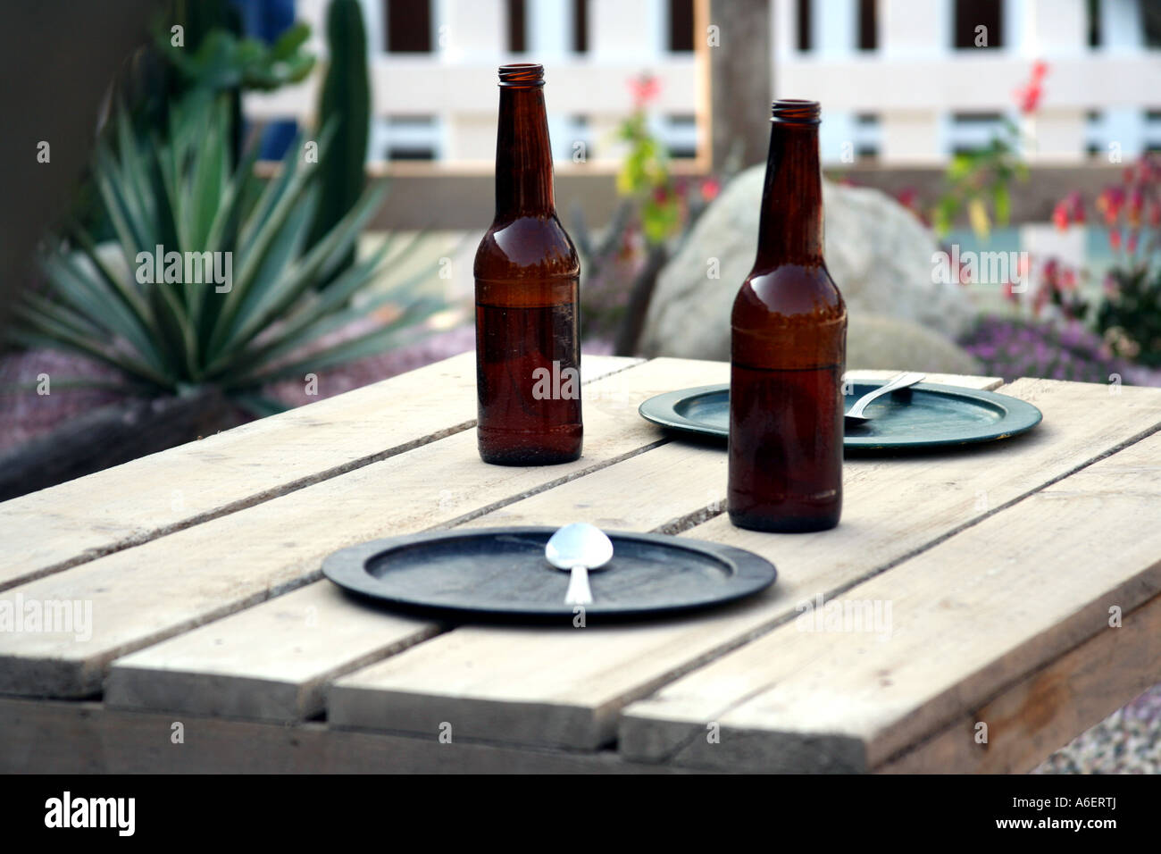 Table with beer bottles and plates in garden Stock Photo - Alamy