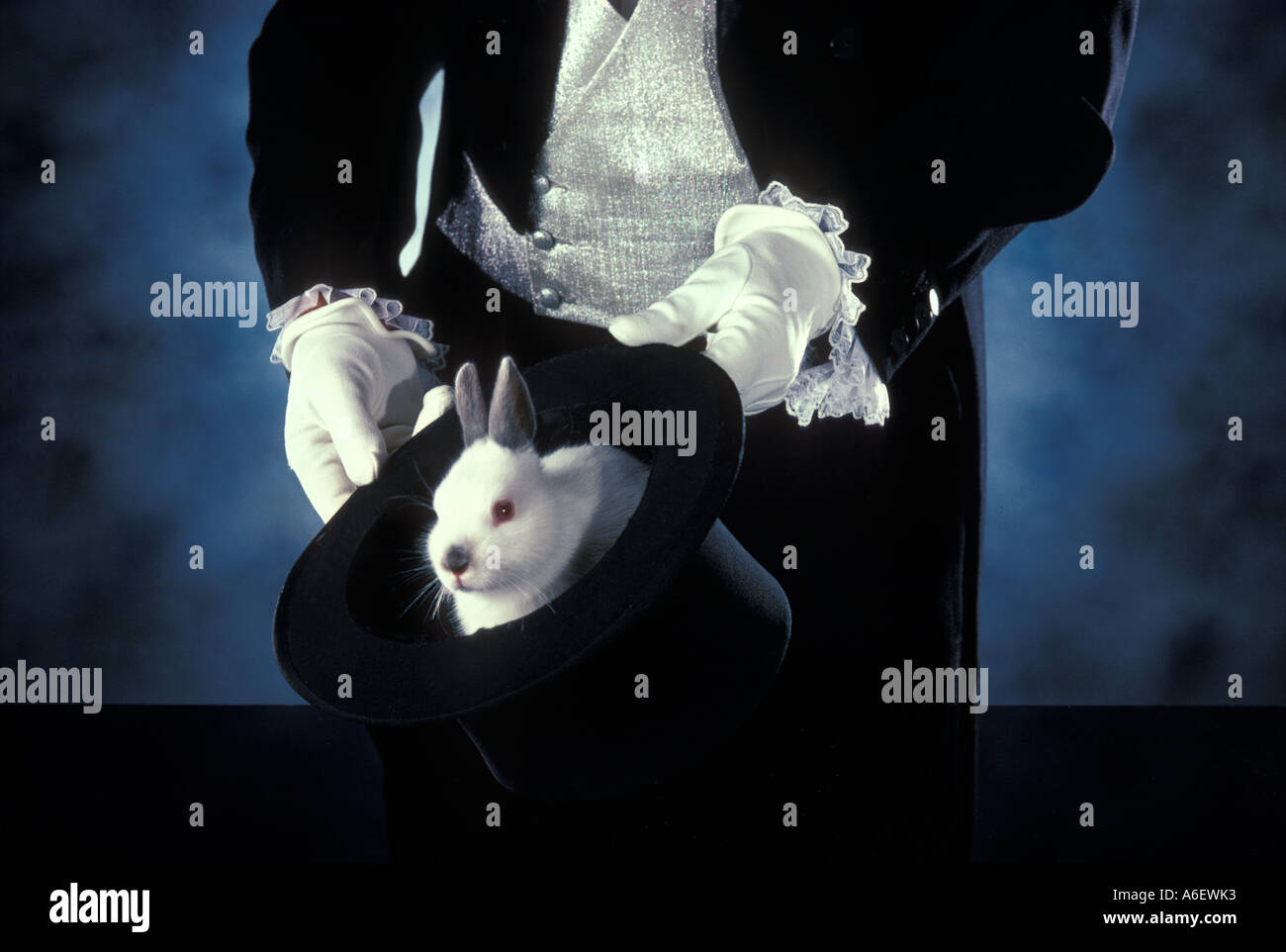 Magician pulls rabbit from top hat Stock Photo - Alamy