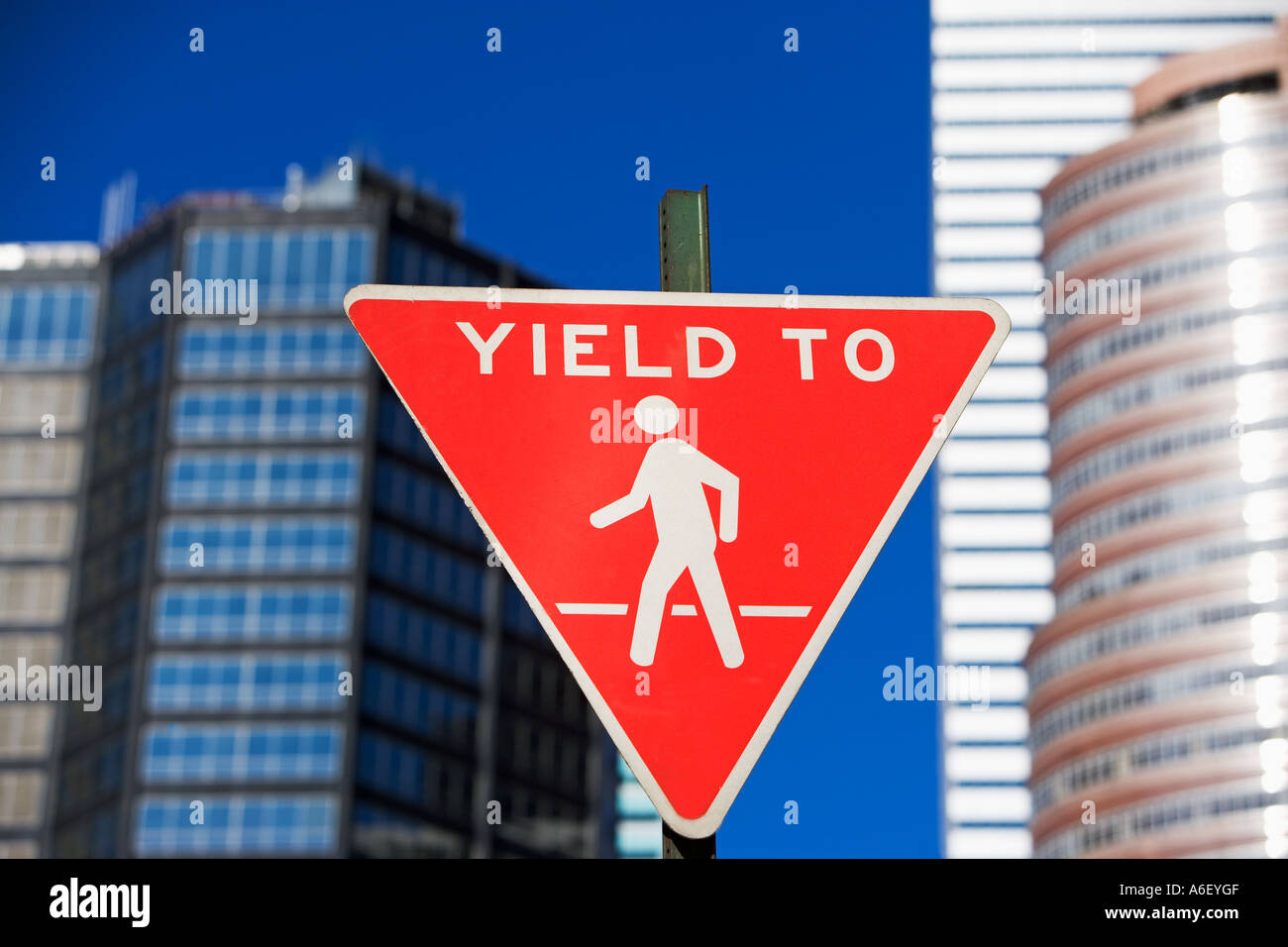 YIELD TO PEDESTRIAN SIGN IN NEW YORK CITY, LIPSTICK BUILDING Stock ...