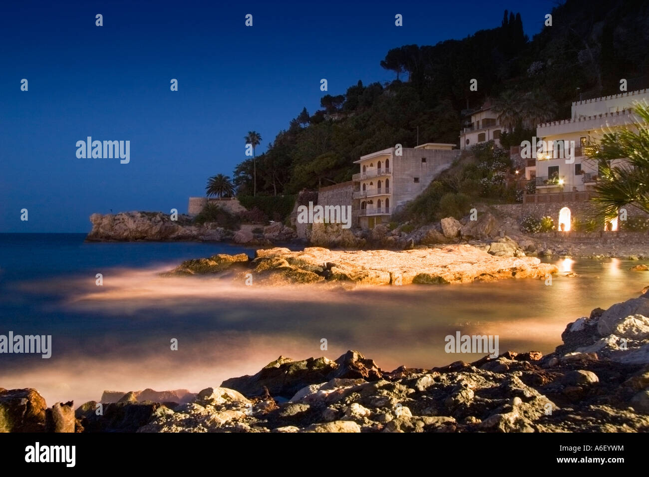 Taormina Mare beach night time Sicily Southern Italy Stock Photo - Alamy