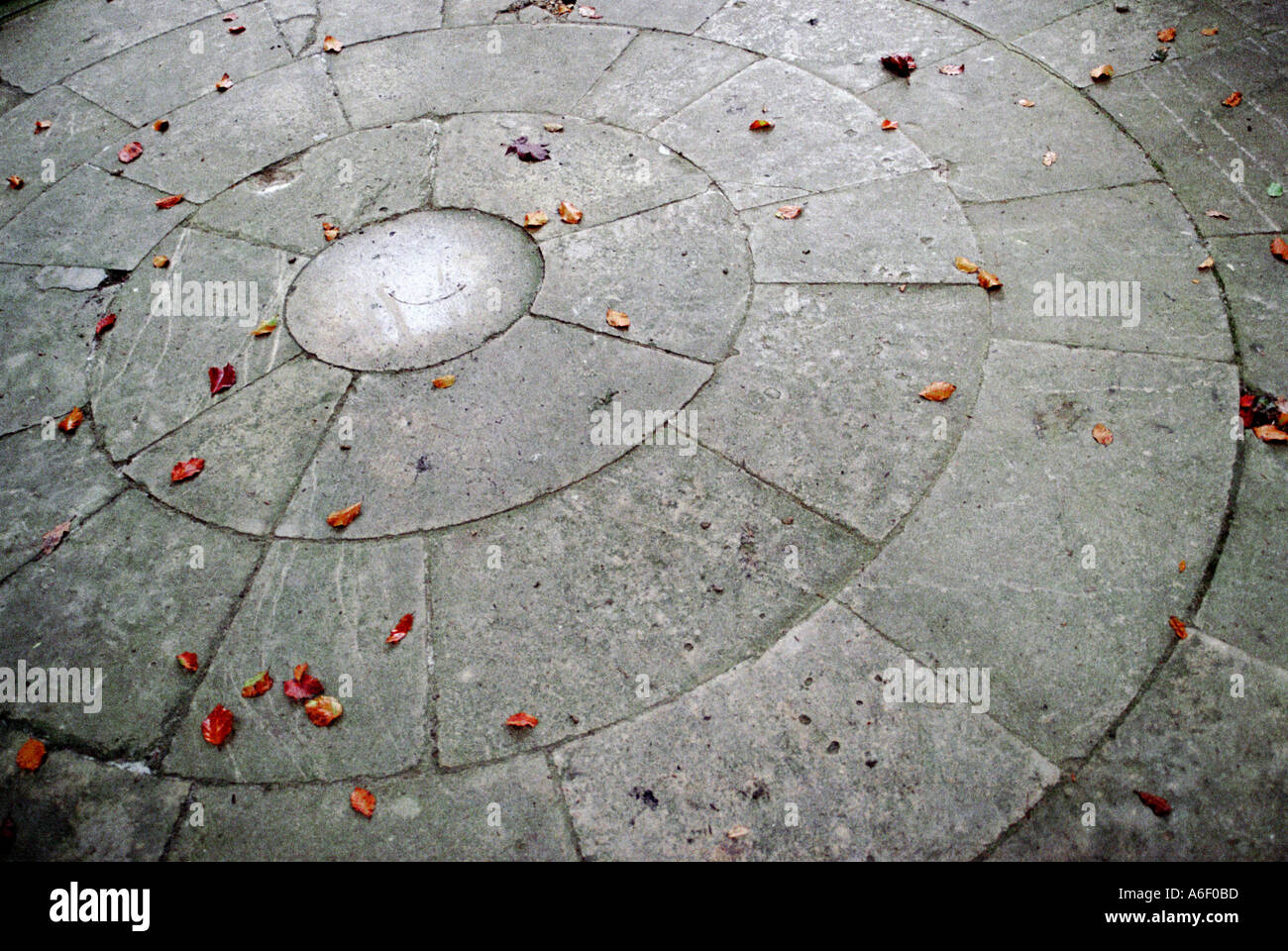 Circle of stone paving slabs with autumn leaves Yorkshire England Stock ...