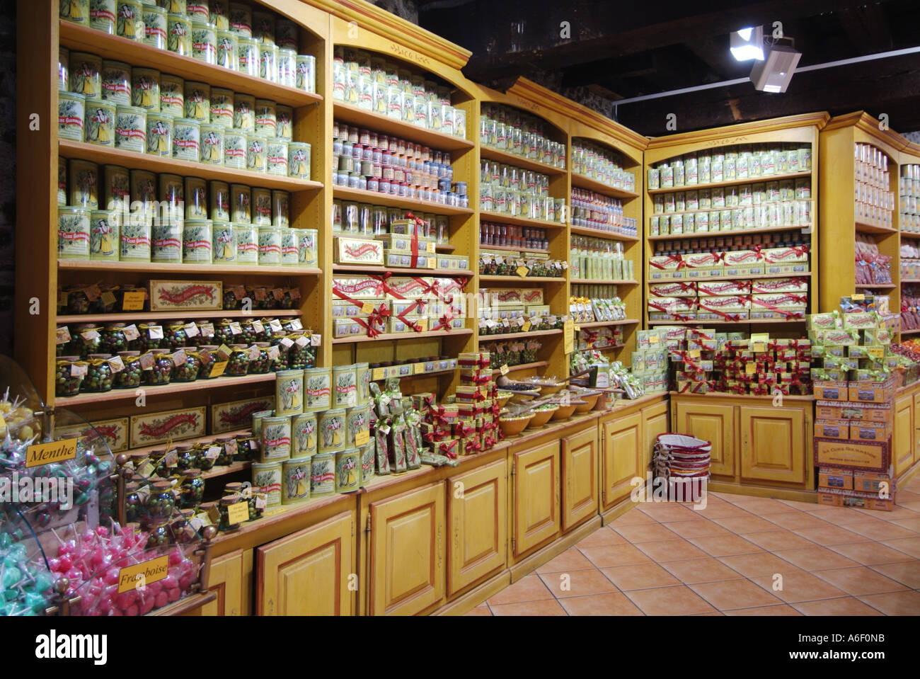 Carcassonne fortified medieval town interior view of confectionery shop ...