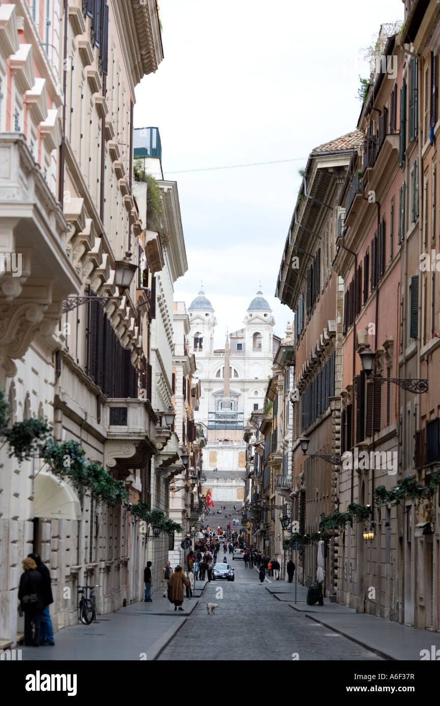 View of the Spanish steps in Rome from the Via del Condotti a street ...