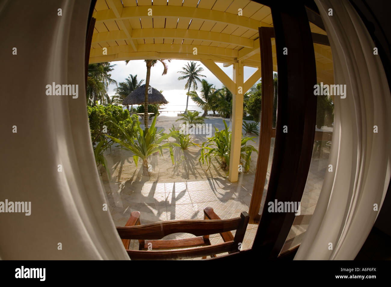 BELIZE Ambergris Caye View of dock and Caribbean from hotel room window ...