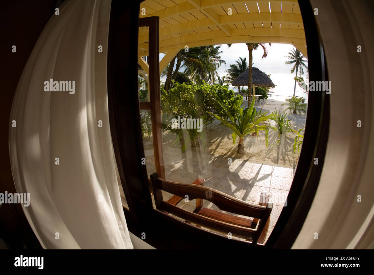 BELIZE Ambergris Caye View of dock and Caribbean from hotel room window ...