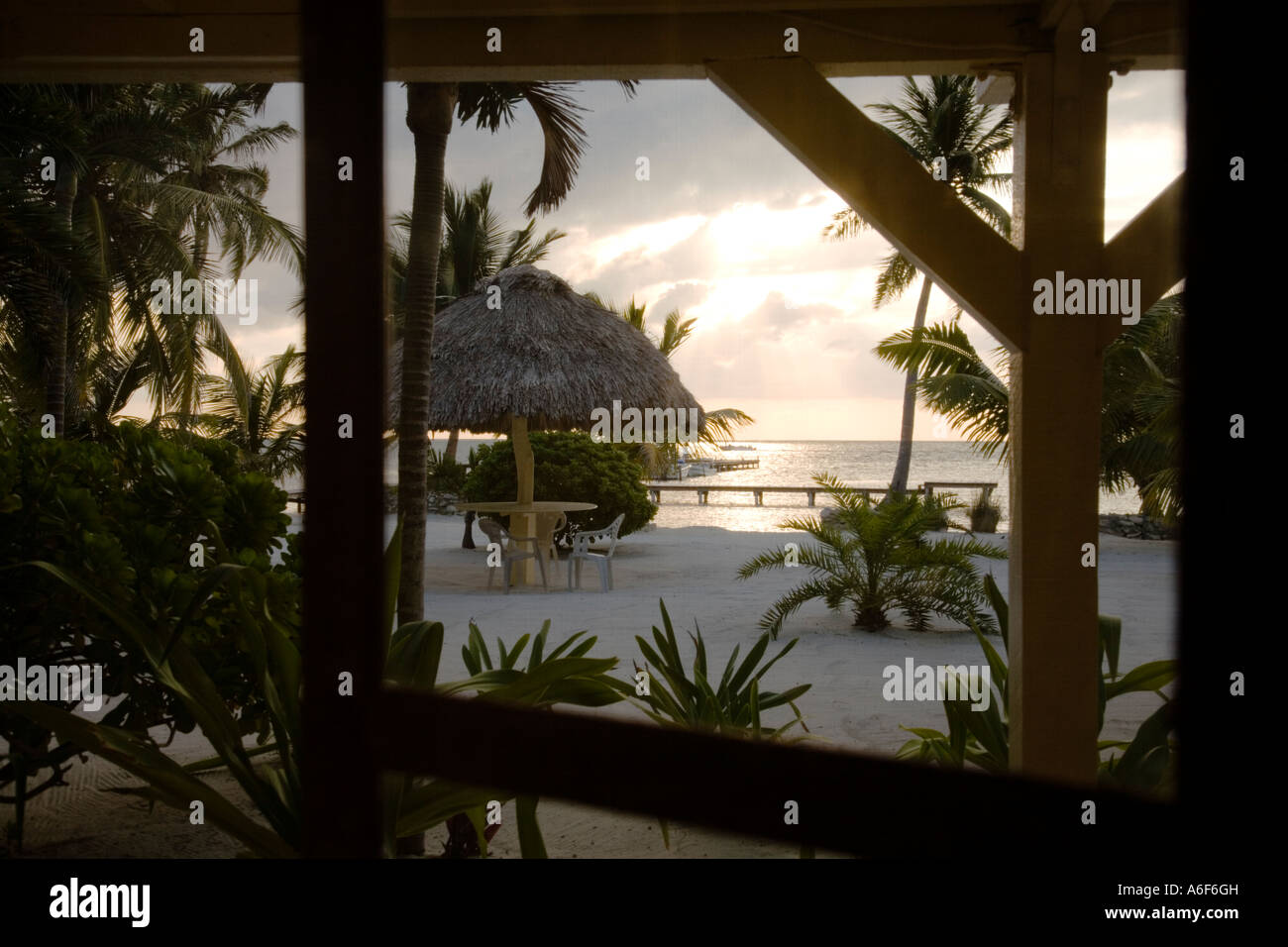 BELIZE Ambergris Caye View of dock and Caribbean from hotel room window ...