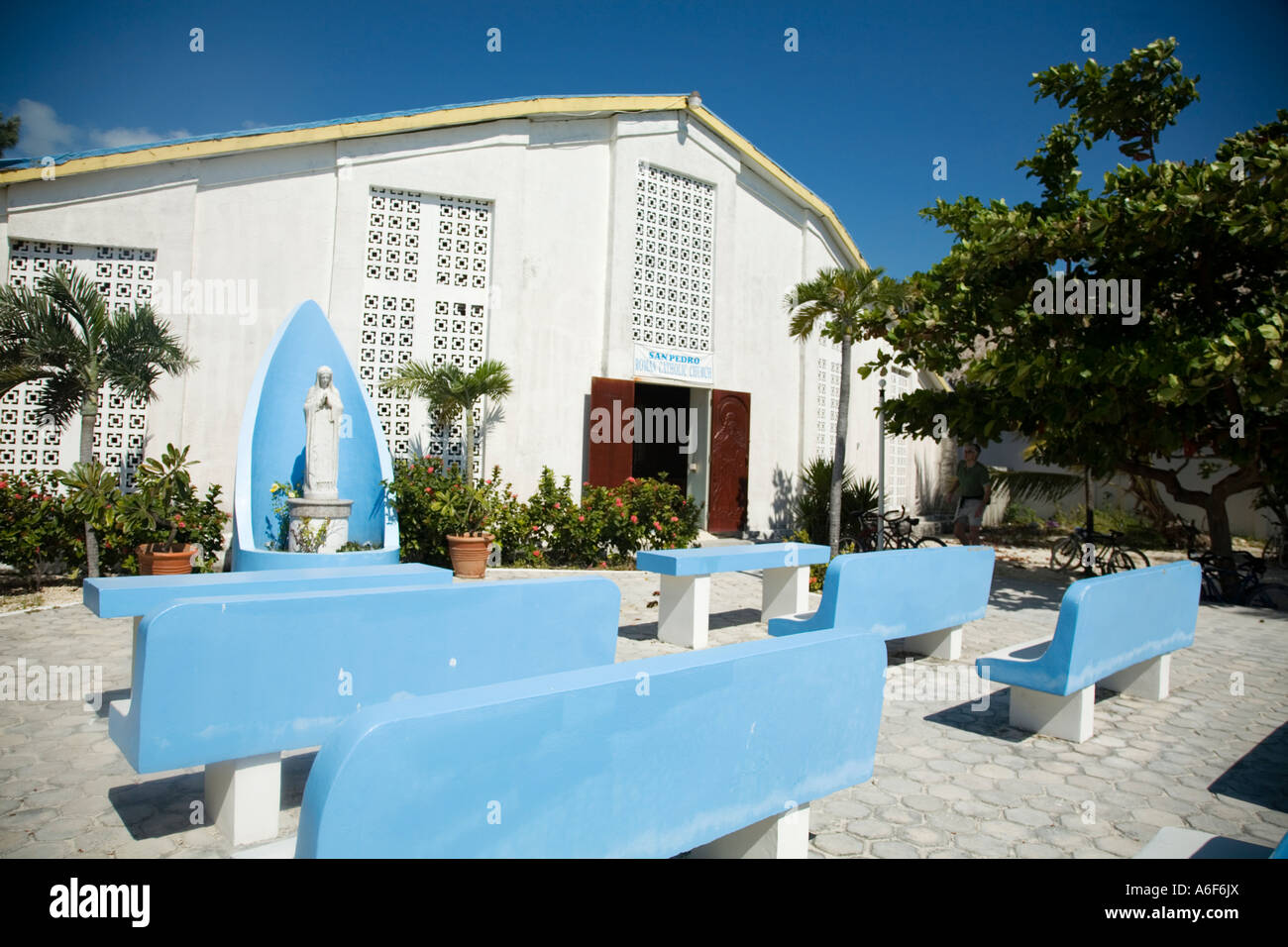 BELIZE Ambergris Caye Blue pews outside exterior of Catholic Church and ...