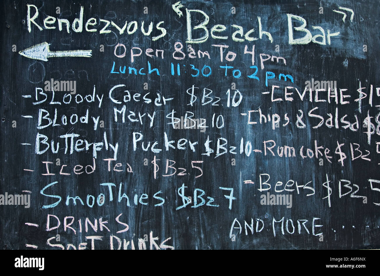BELIZE Ambergris Caye Rendezvous Beach Bar menu written on black chalk ...