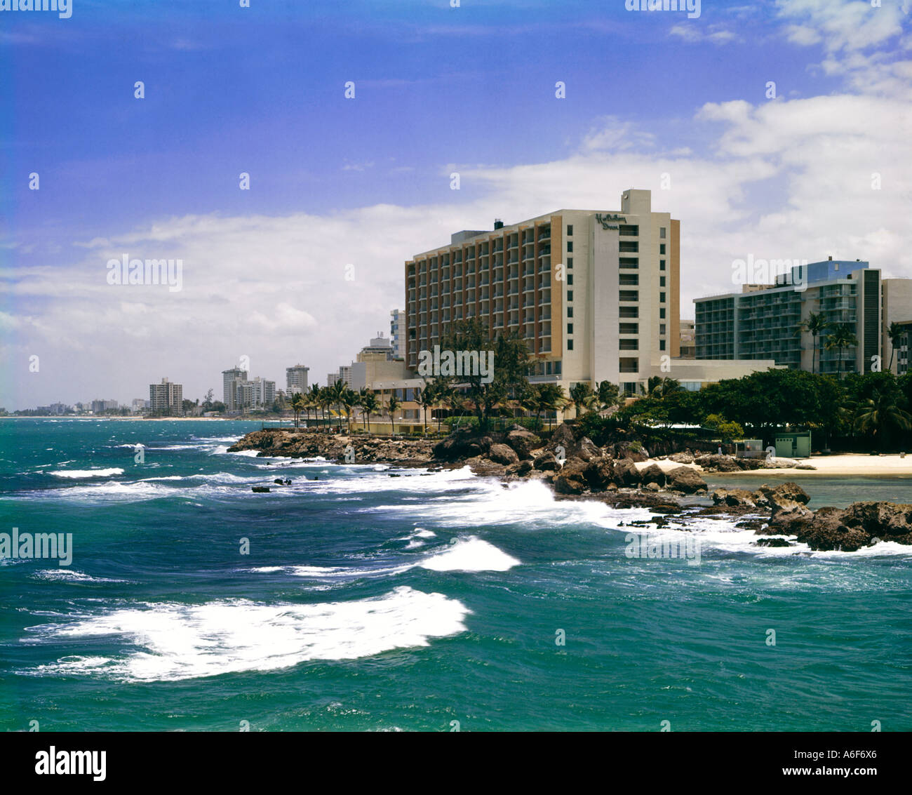 Skyline of San Juan in Puerto Rico with Atlantic Ocean in foreground ...