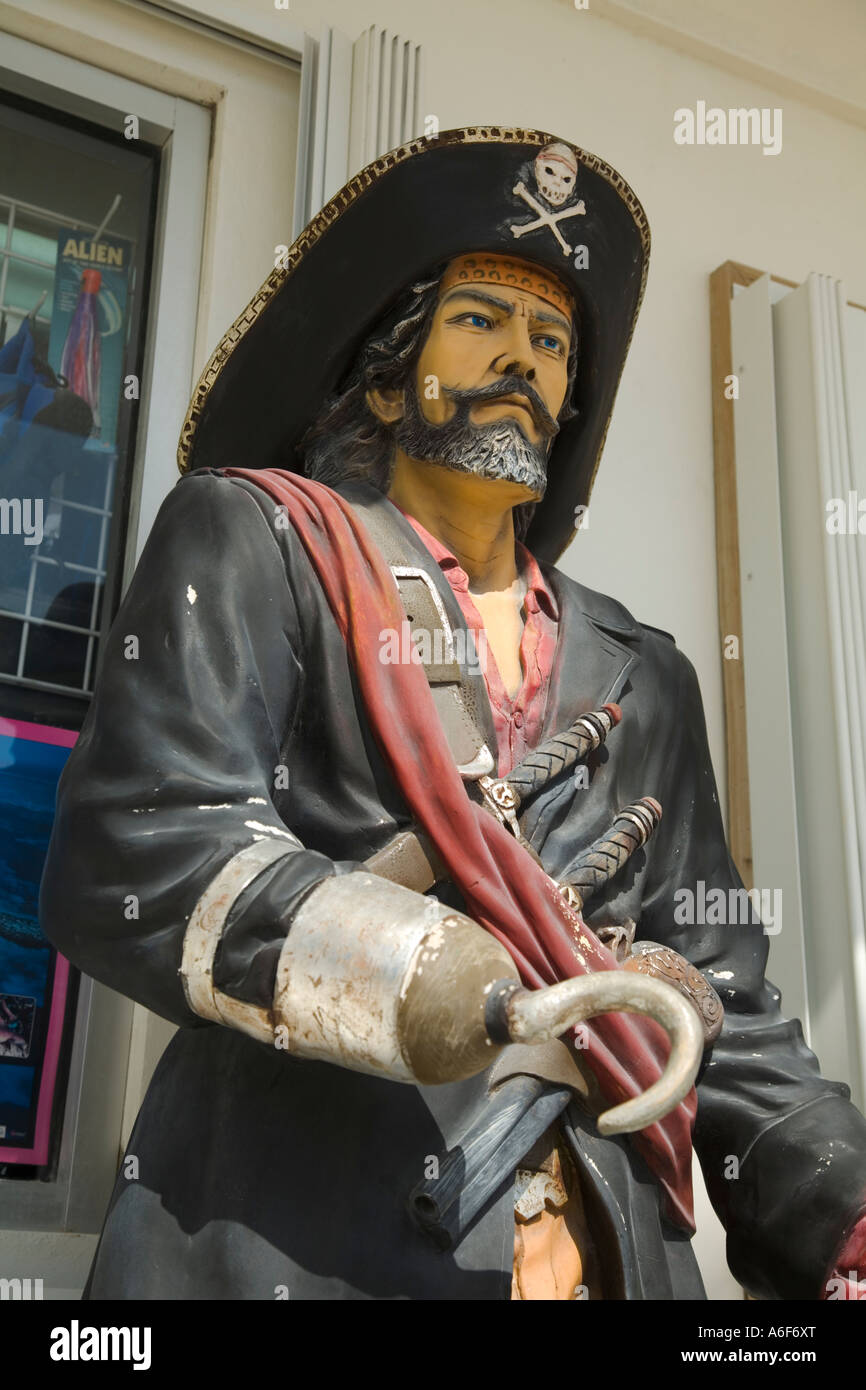BELIZE San Pedro on Ambergris Caye Wooden statue of pirate Captain Hook ...