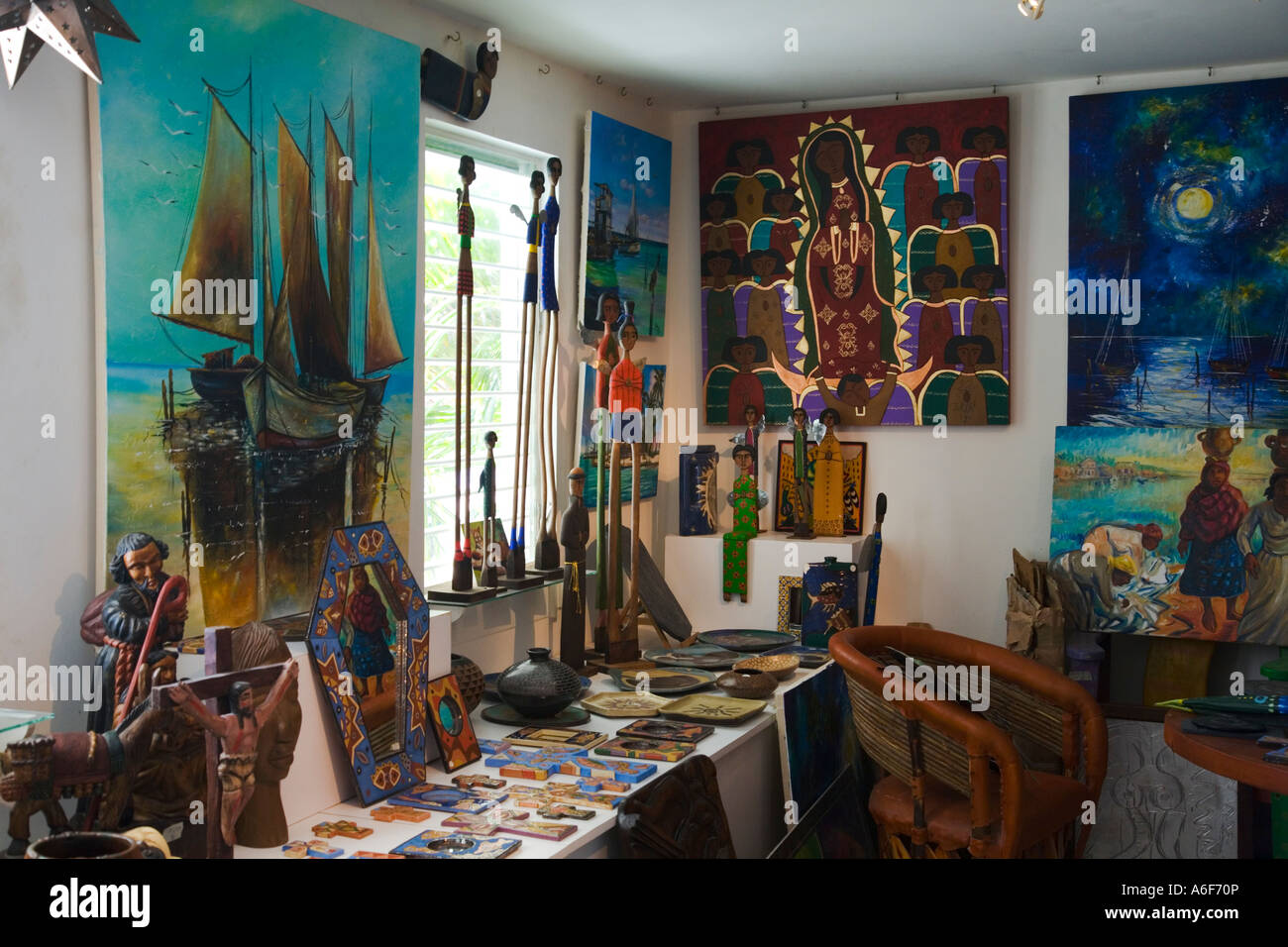 BELIZE San Pedro on Ambergris Caye Interior of store selling paintings ...