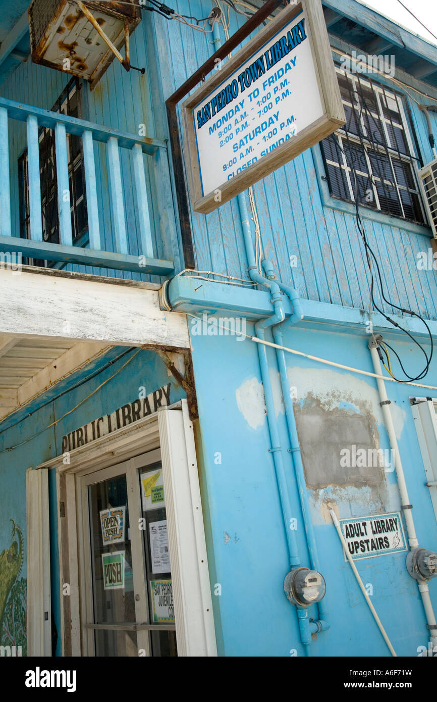 BELIZE San Pedro on Ambergris Caye San Pedro town library sign and ...