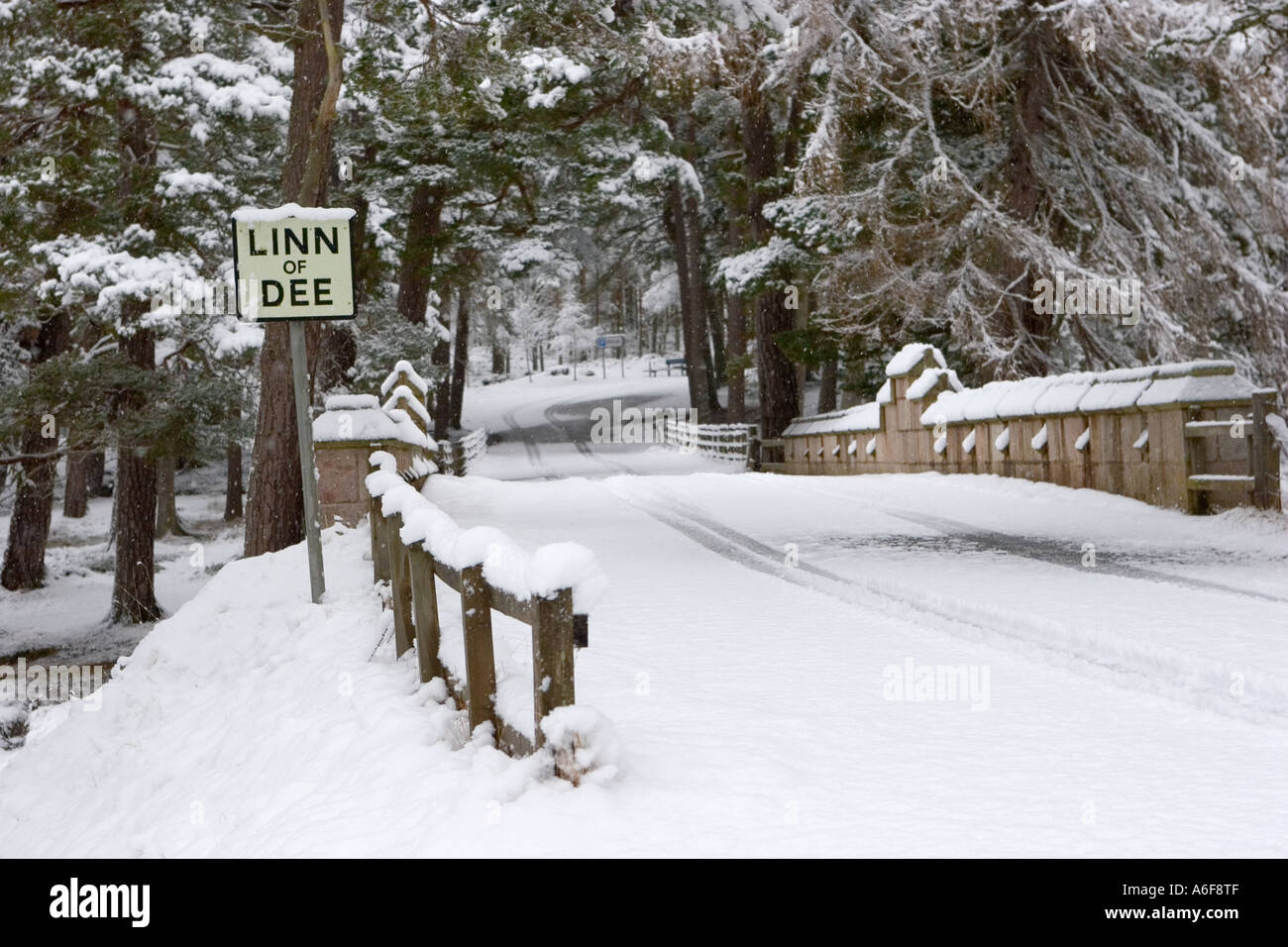 Linn o' Dee sign & Victorian granite bridge - Scottish Winter snow ...