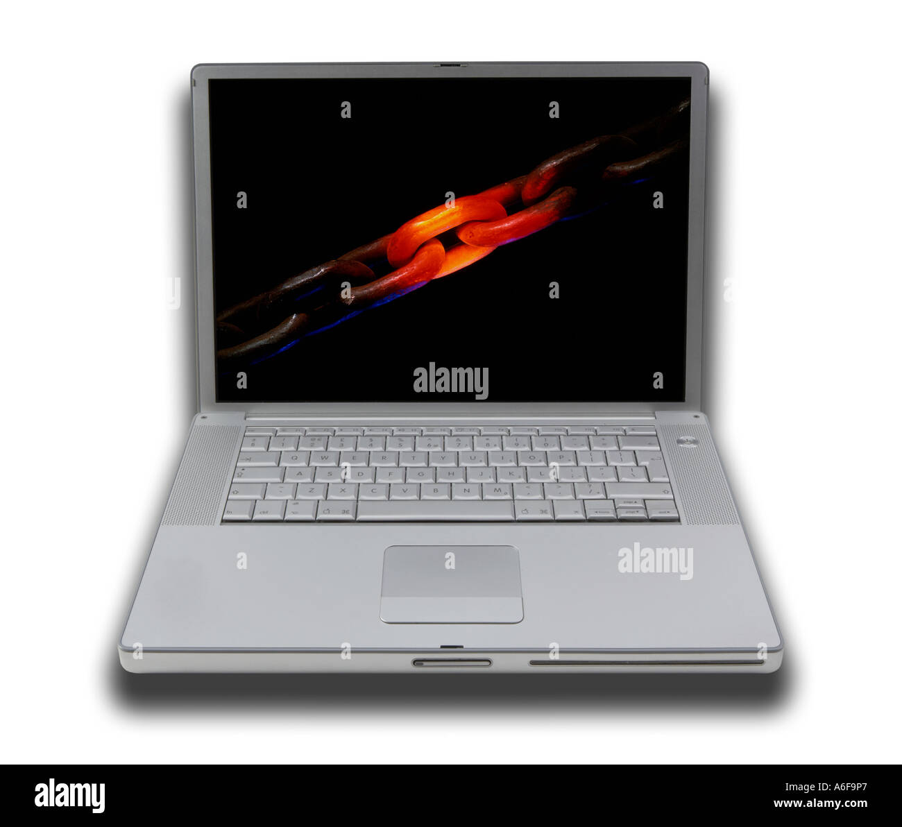 LAP TOP NOTE BOOK COMPUTER DISPLAYING IMAGE OF HOT GLOWING METAL CHAIN ...