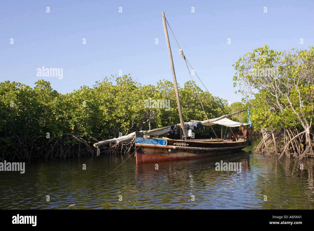 Arab dhow moored in mangroves Manda Island Lamu Kenya East Africa Stock ...