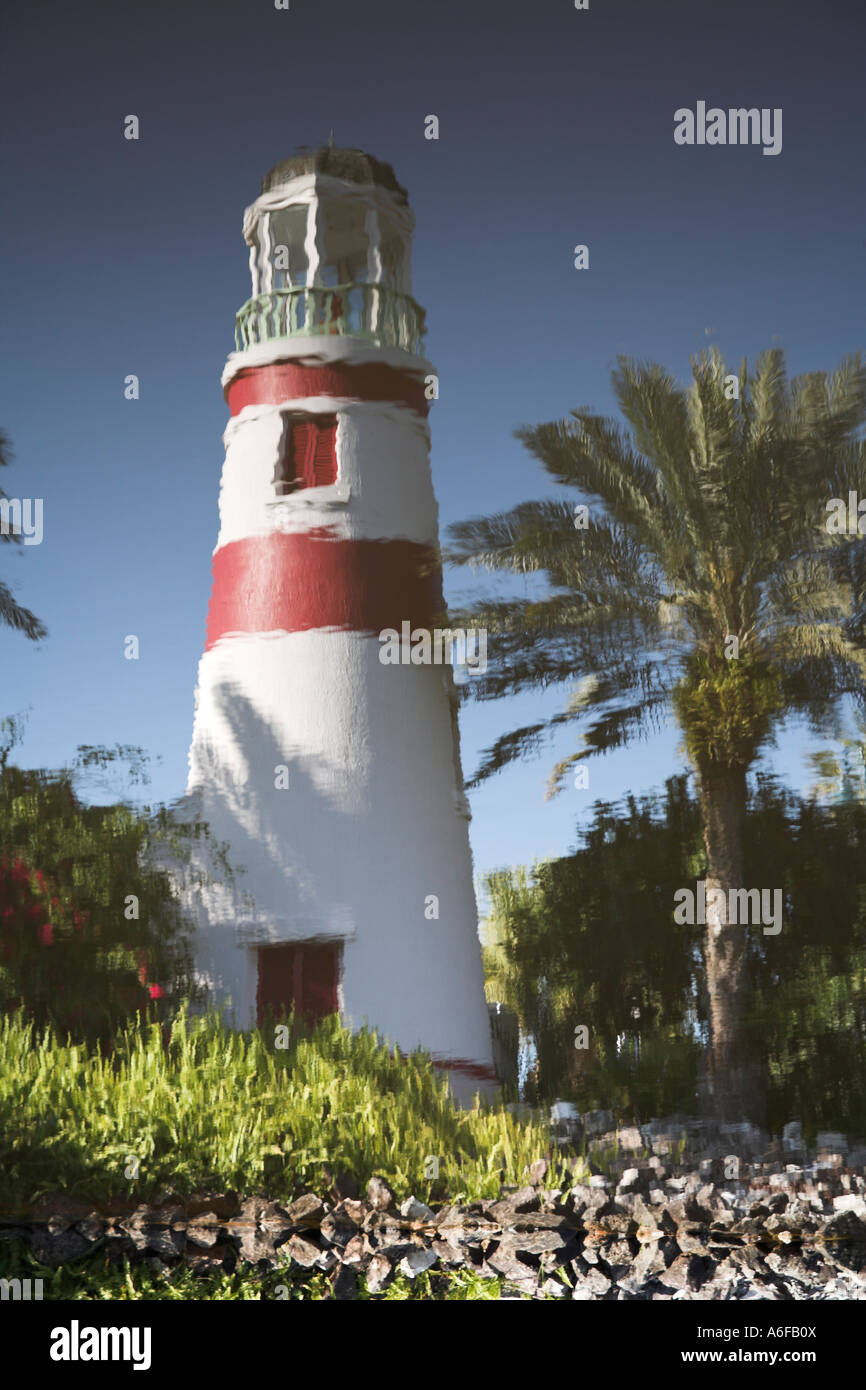 Reflection of a lighthouse and palm tree in a lake, Disney Vacation ...