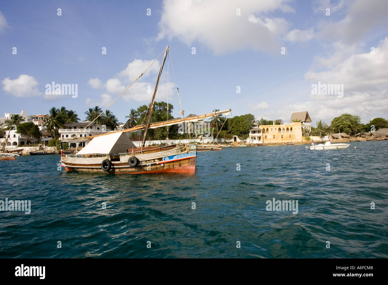 Dhow moored alongside waterfront of Lamu Island Kenya East Africa Stock ...