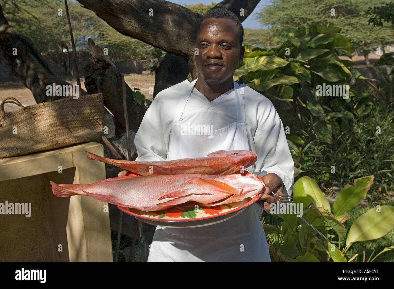 African cook with fresh red snapper for supper Lamu Kenya East Africa ...