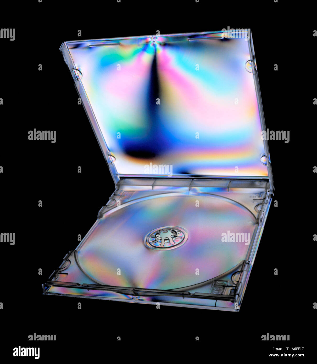 Plastic transparent CD (compact disc) jewel case viewed through crossed ...