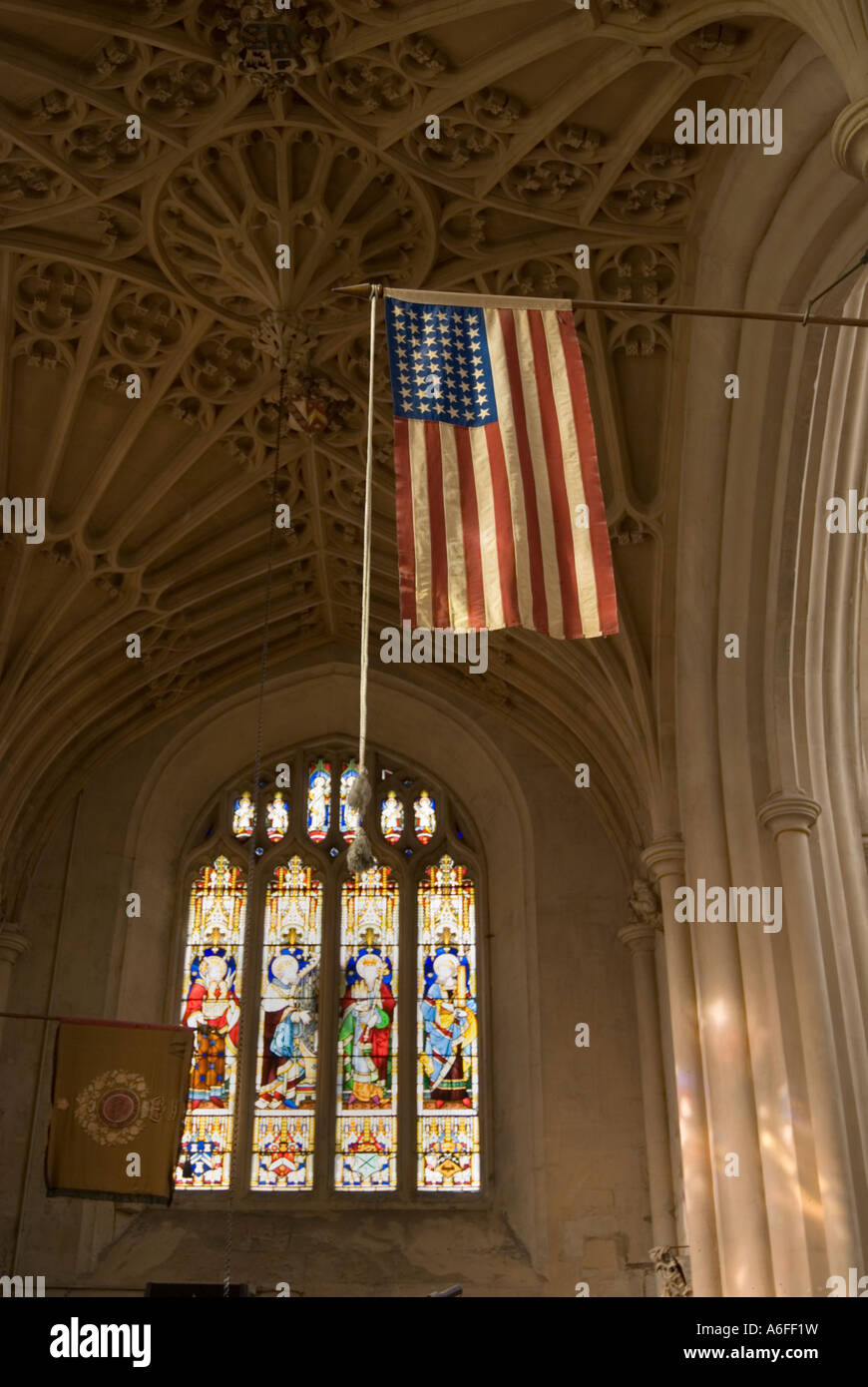 March 2007 Bath BANES UK Inside Bath Abbey An American flag which was ...