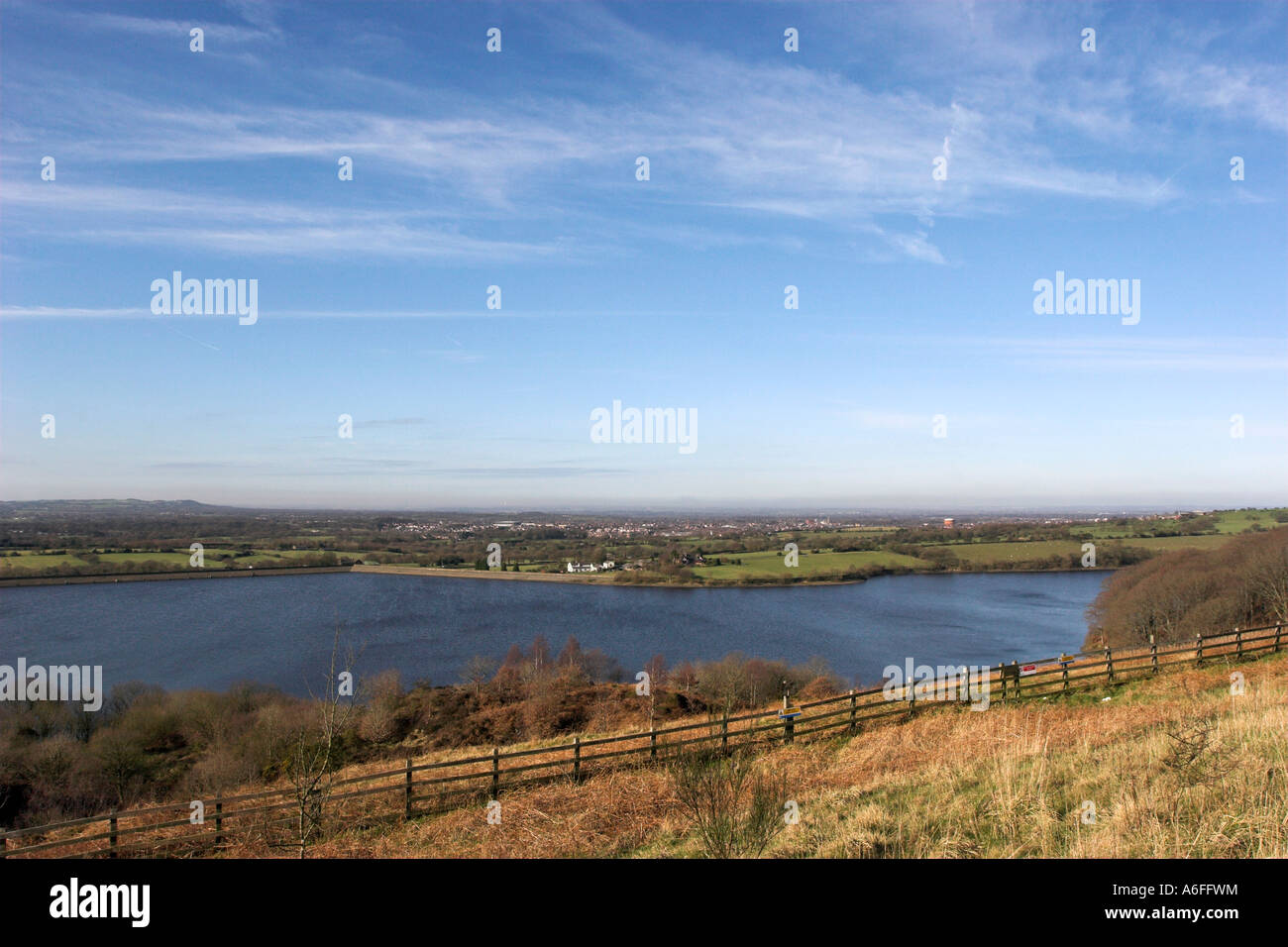 View from Anglezarke over reservoir toward Chorley Stock Photo - Alamy