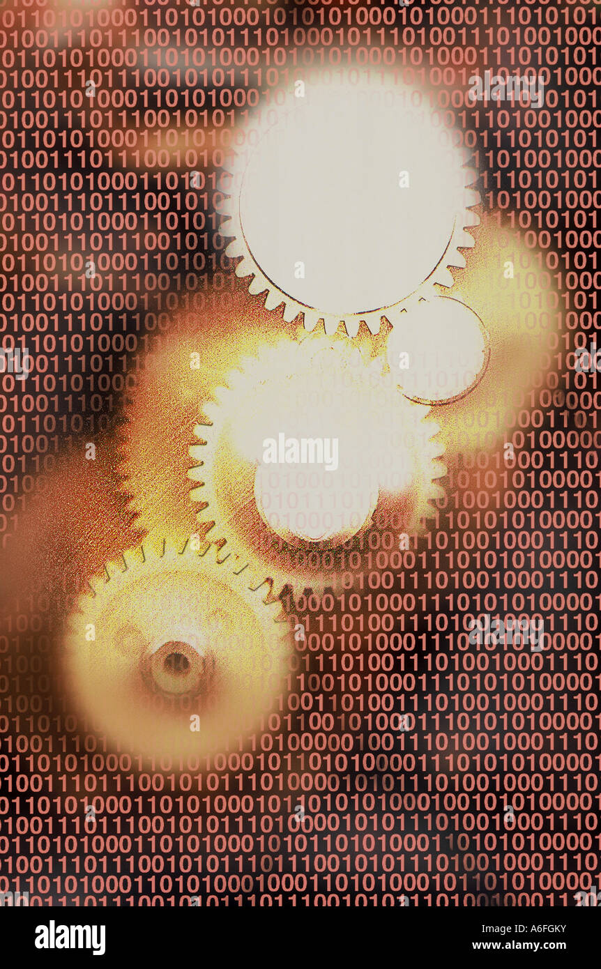 Cogs and binary numbers The work computers do in society Stock Photo ...