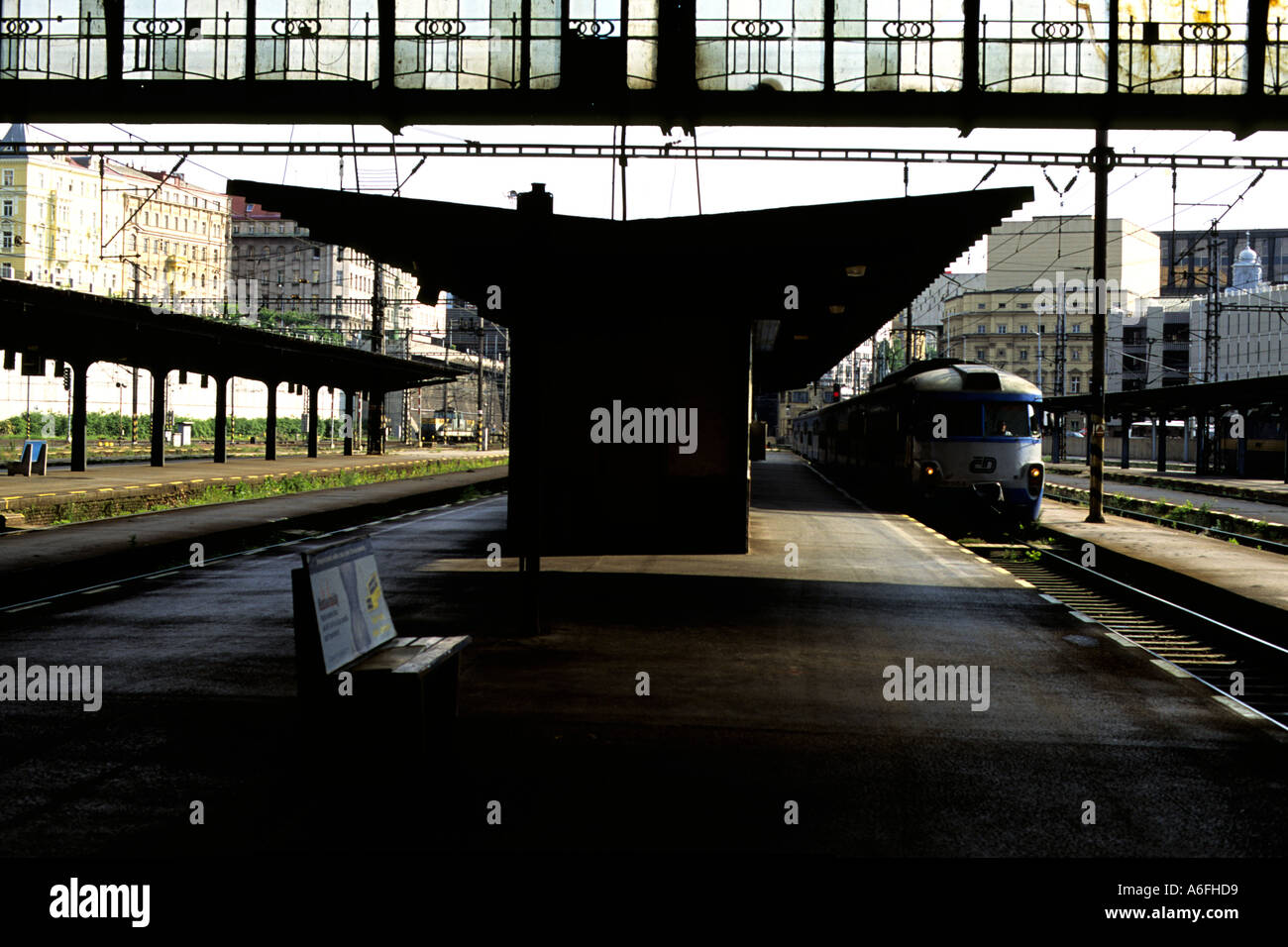 Local passenger train arrives at Hlavni station, Prague, Czech Republic ...