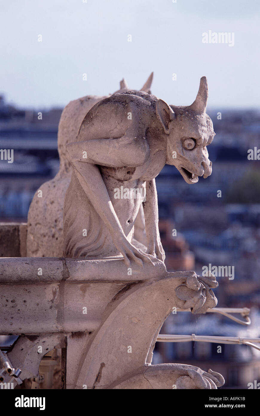 Gargoyles on the towers of Notre Dame Cathedral look out over Paris ...