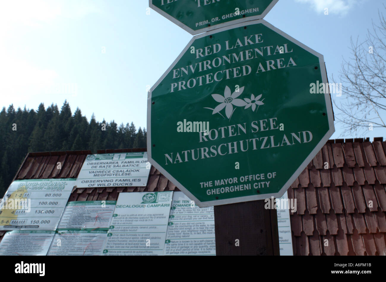 Protected Area Sign on Red Lake shore Bicaz Key on Bicaz River ...
