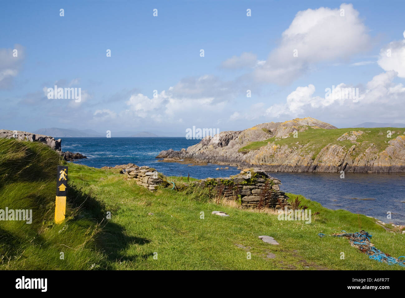 Beara Way long distance walk sign by small harbour on Ring of Beara ...
