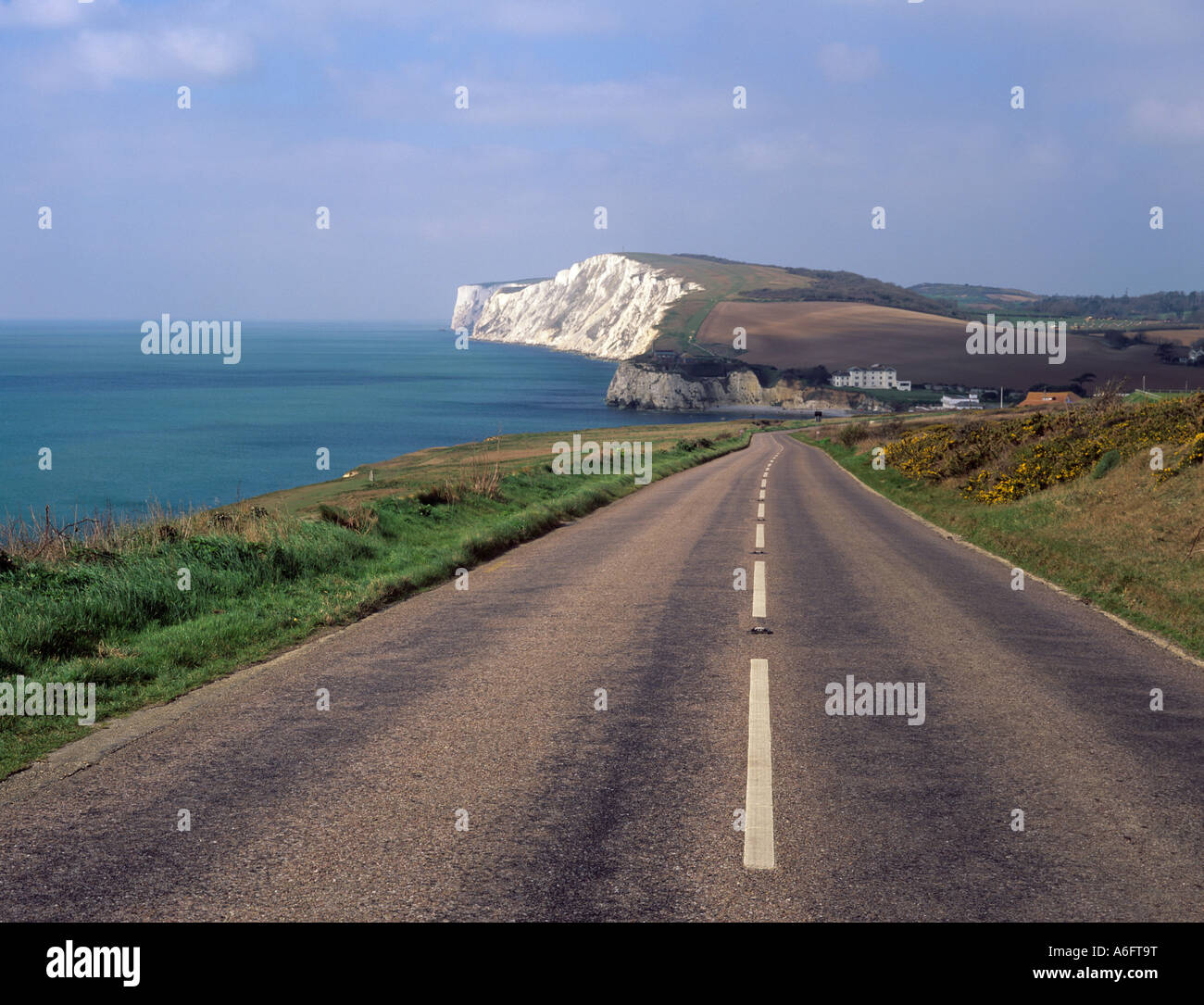Tennyson Heritage Coastline view west along straight road on chalk ...