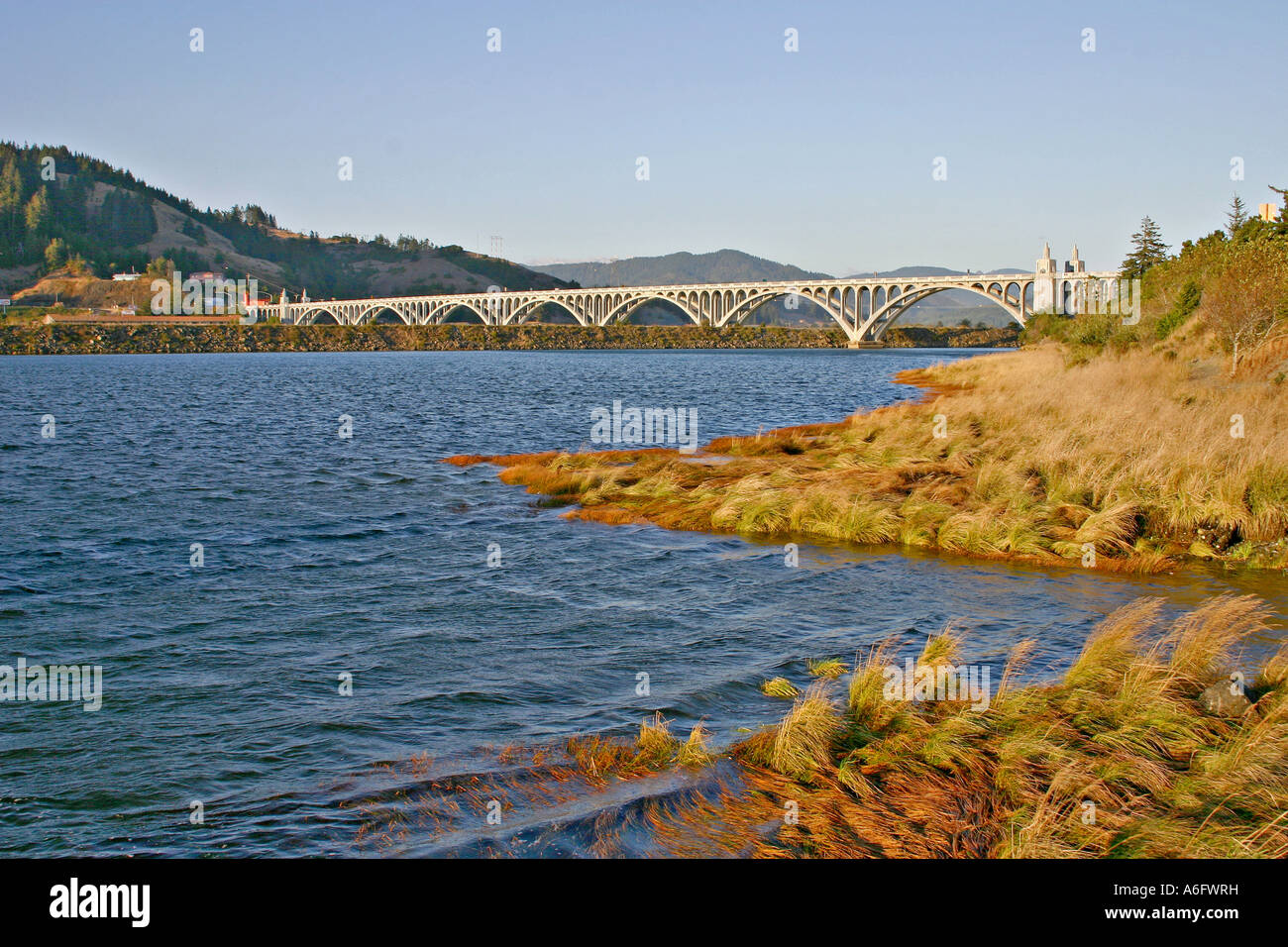Patterson Memorial Bridge highway 101 over Rogue River on coast at Gold ...