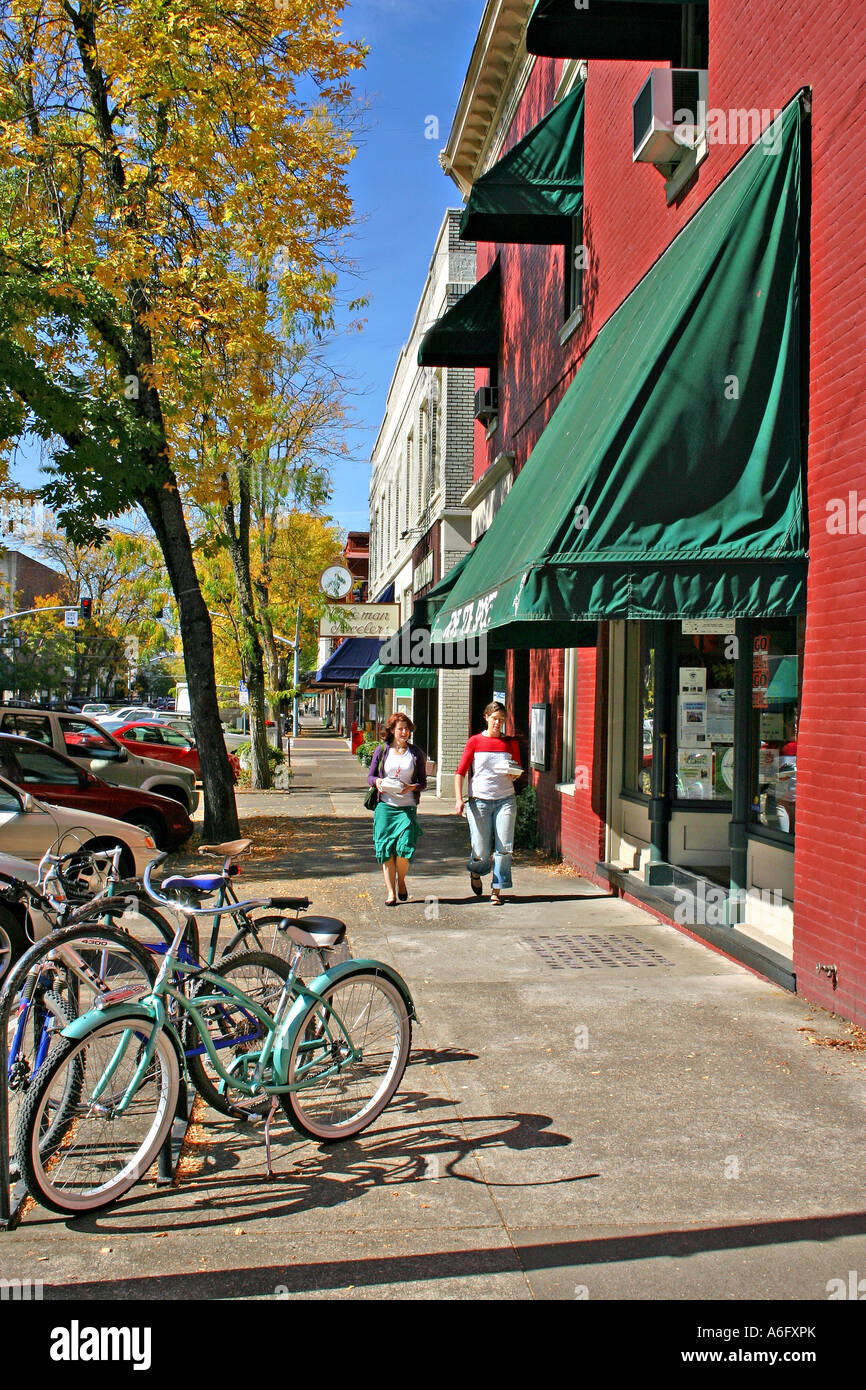 People downtown autumn foliage Madison Street in Corvallis Oregon Stock ...