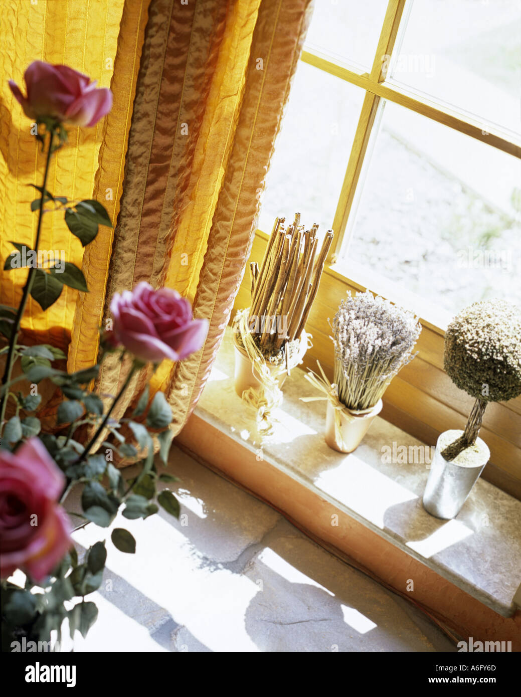 Detail of window ledge and curtain Stock Photo - Alamy