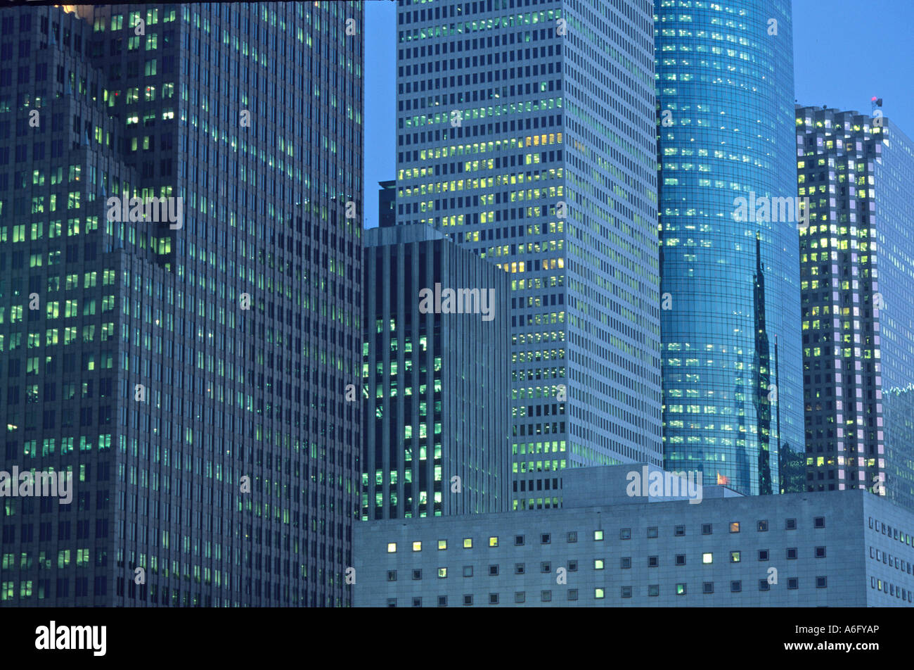 window lighting dusk downtown highrise office buildings Houston Texas ...