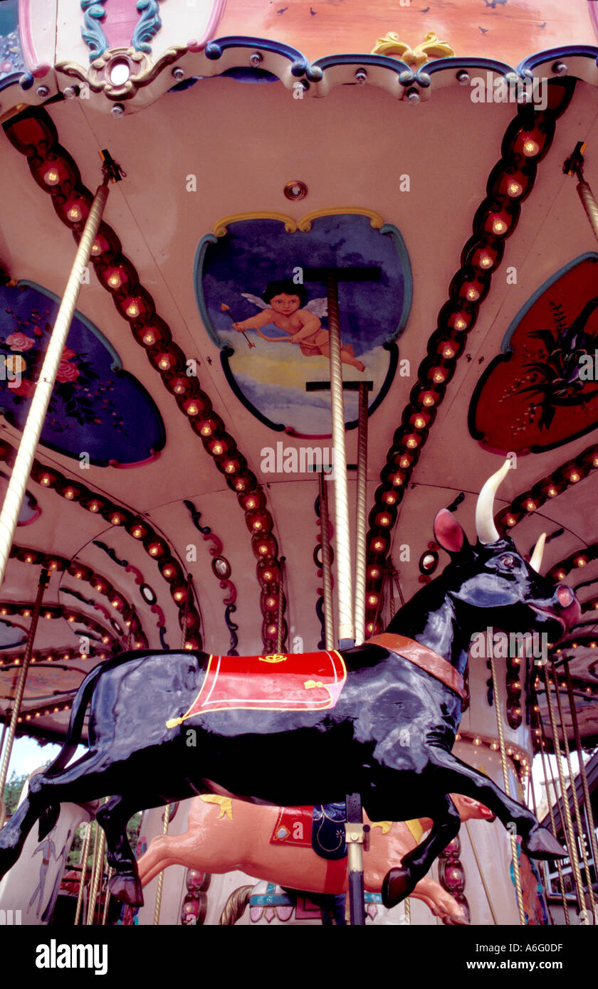 Camargue black bull depicted on a century old carousel in Arles Stock ...