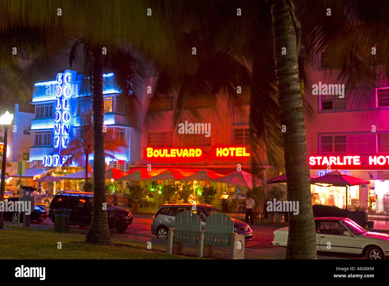 MIAMI BEACH FLORIDA USA Neon at night on Ocean Drive famous for its Art ...