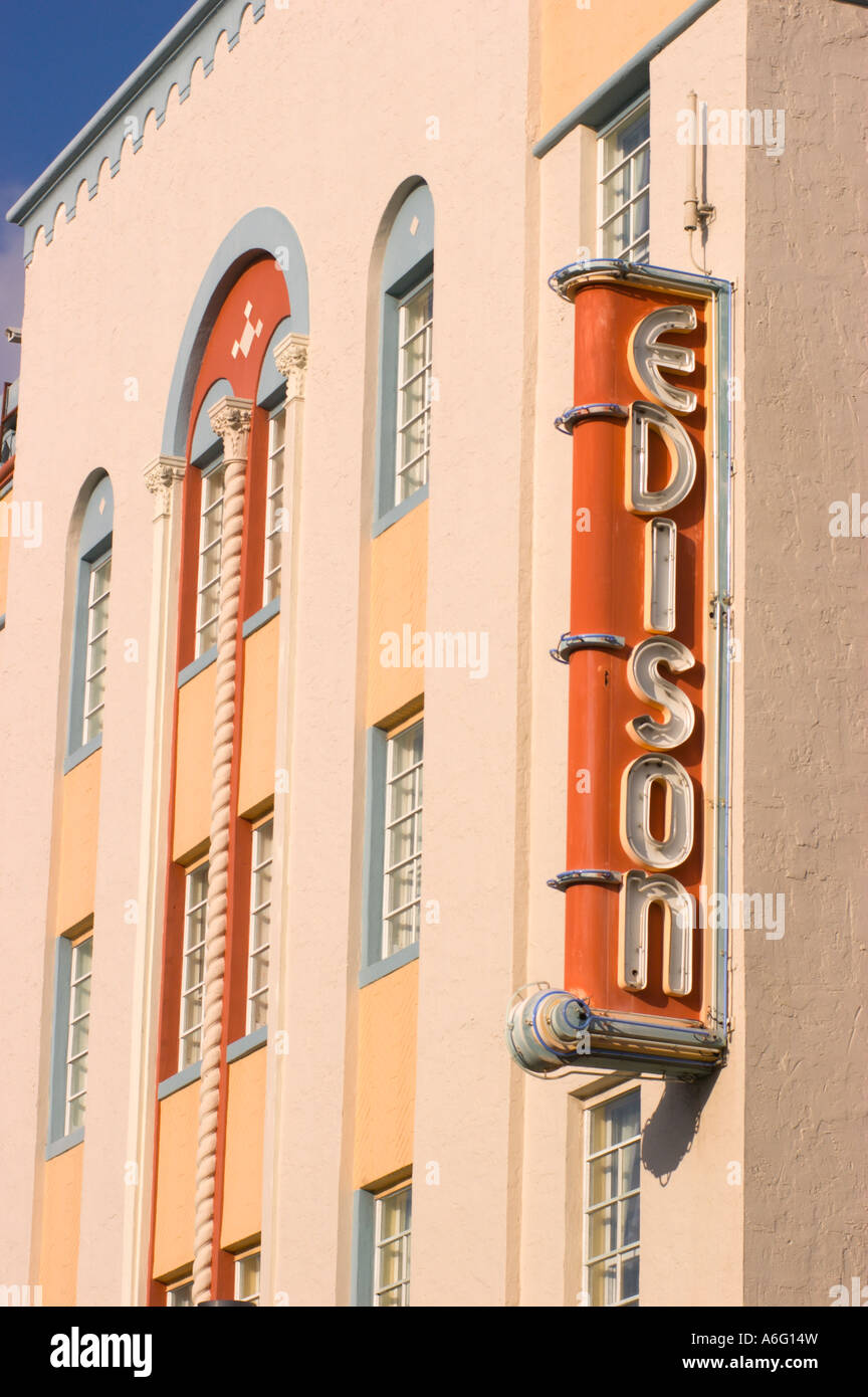 MIAMI BEACH FLORIDA USA Edison Hotel sign on Ocean Drive in South Beach ...