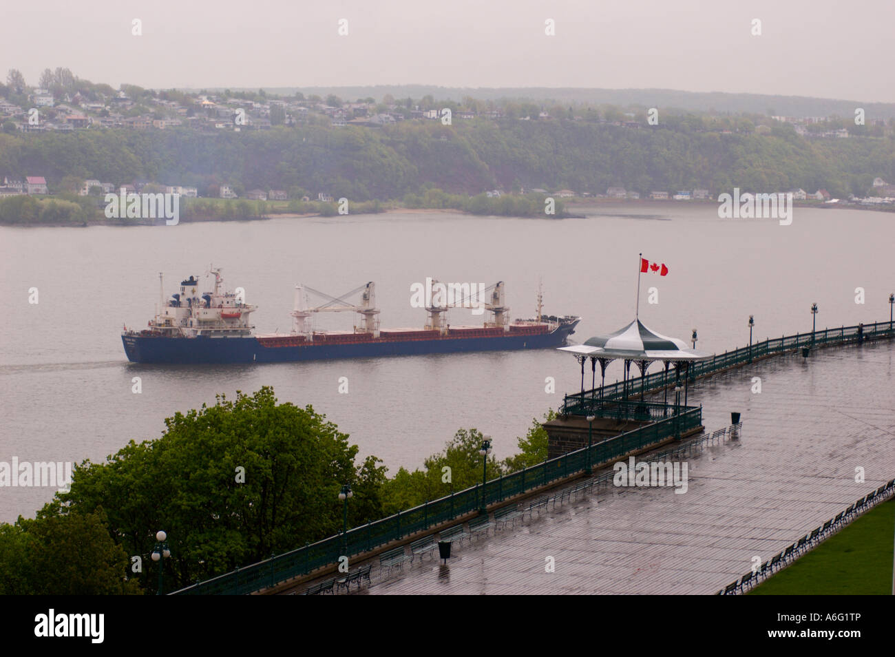 QUEBEC CANADA Ship on St Lawrence River during rain storm Quebec City ...