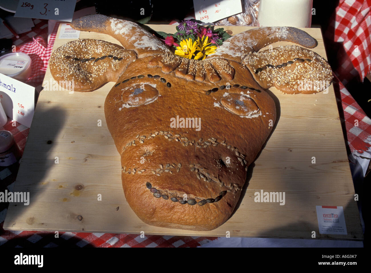 Bread in shape of a decorated head of a cow at Almabtrieb(Almabtrieb ...